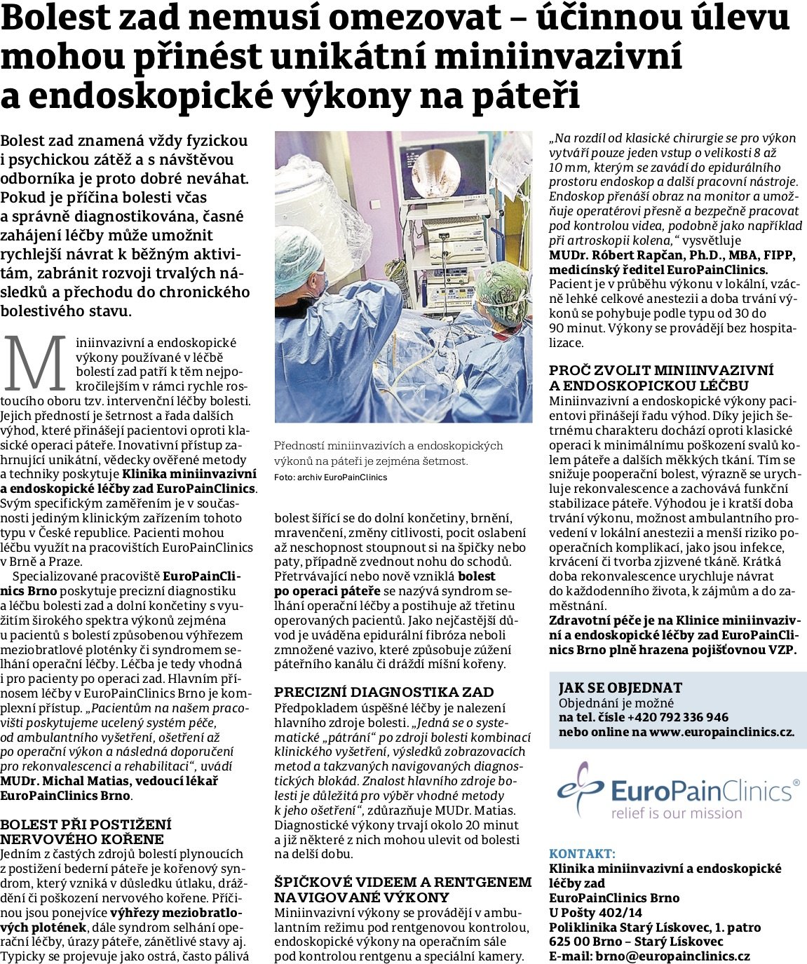 EuroPainClinics Brno: Bolest zad nemusí omezovat - EuroPainClinics
